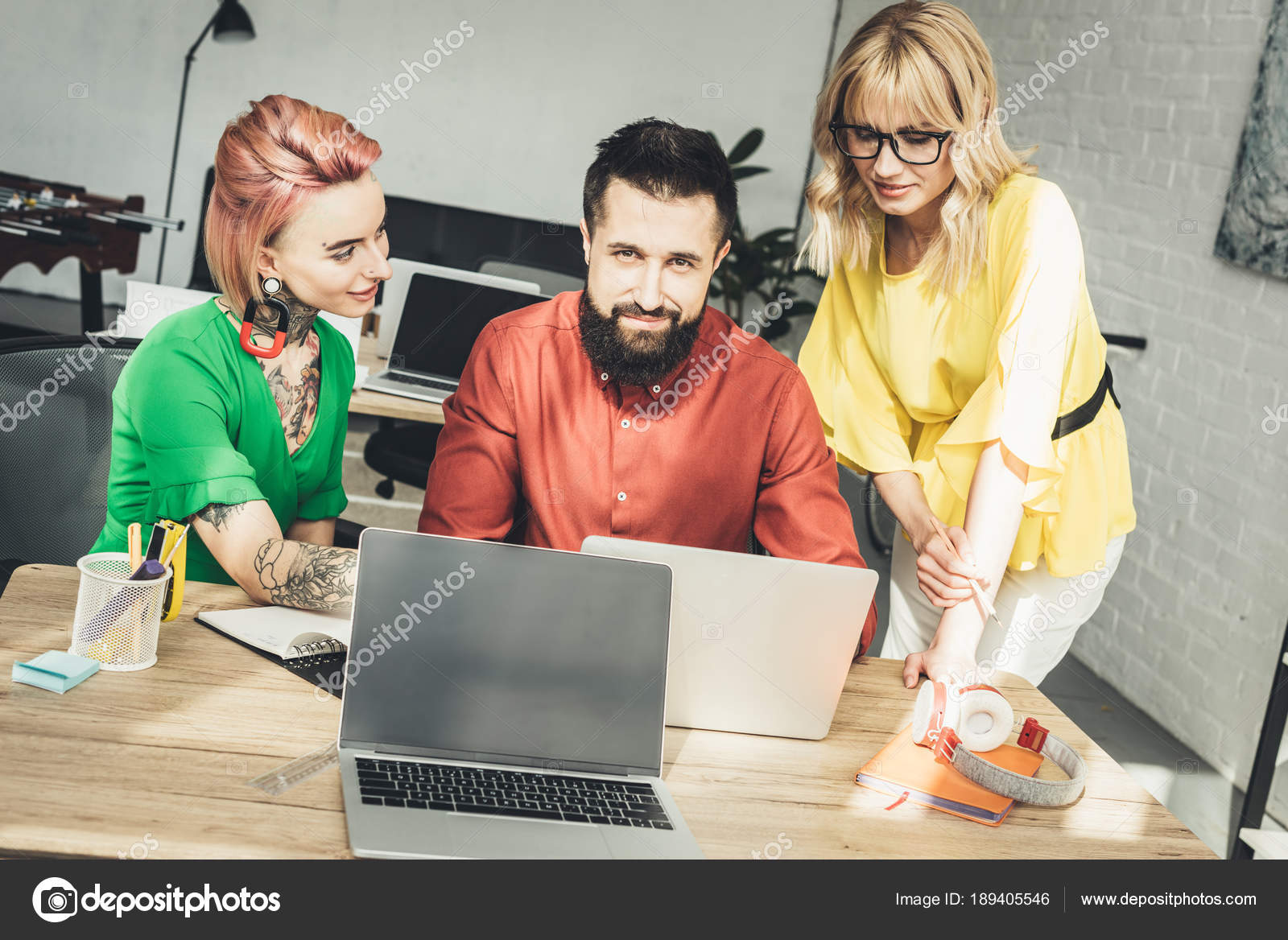 Group Young Creative Workers Discussing New Project Together Office ...