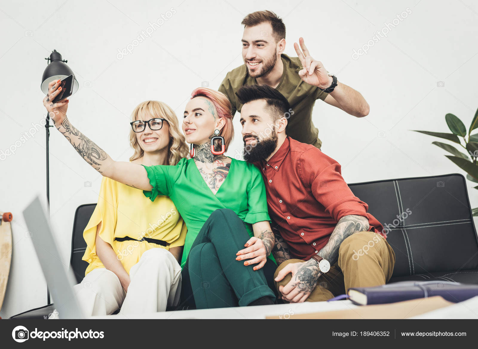 Portrait Group Creative Workers Taking Selfie Smartphone Together Stock ...
