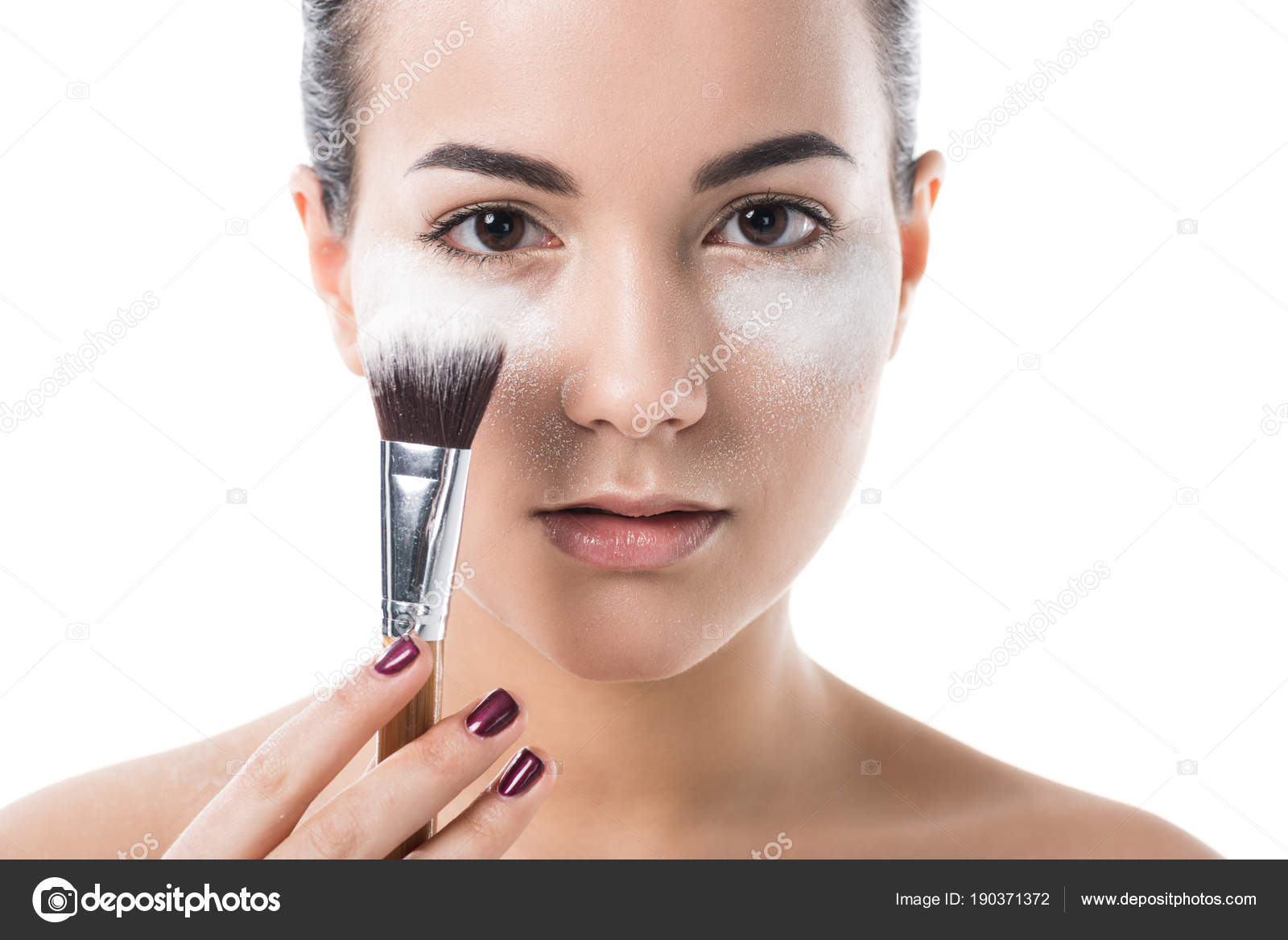 Beautiful Girl Doing Makeup Foundation Powder Looking Camera Isolated ...
