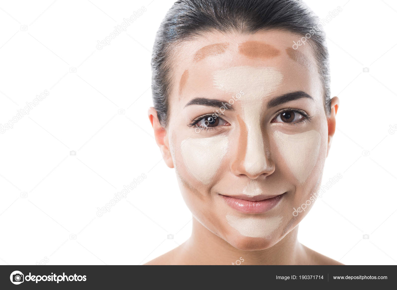 Beautiful Smiling Girl Foundation Cream Face Looking Camera Isolated ...