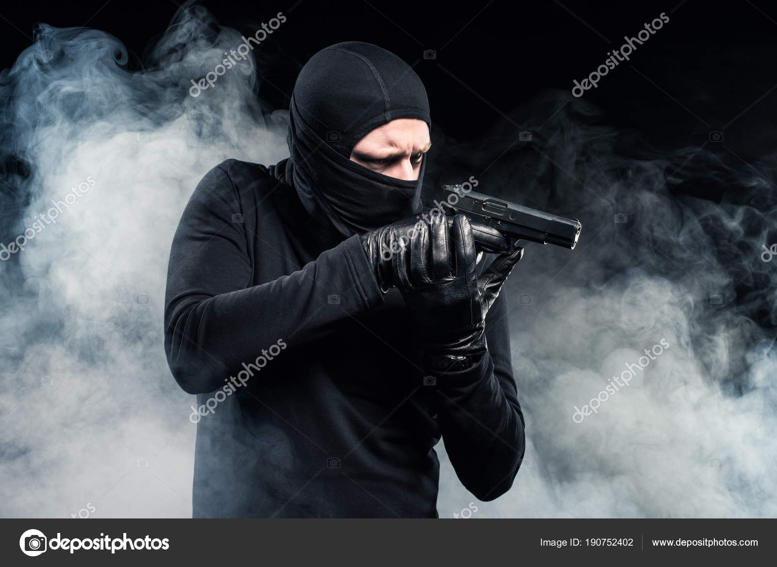 Robber Balaclava Gloves Aiming Gun Clouds Smoke — Stock Photo ...
