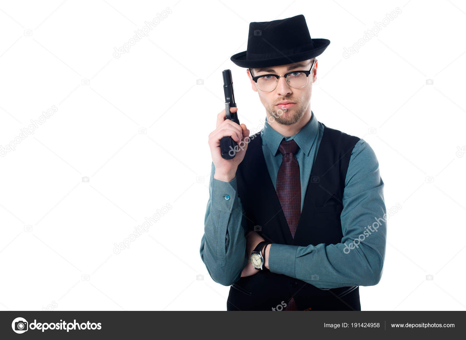 Portrait Spy Agent Hat Eyeglasses Gun Isolated White Stock Photo by ...