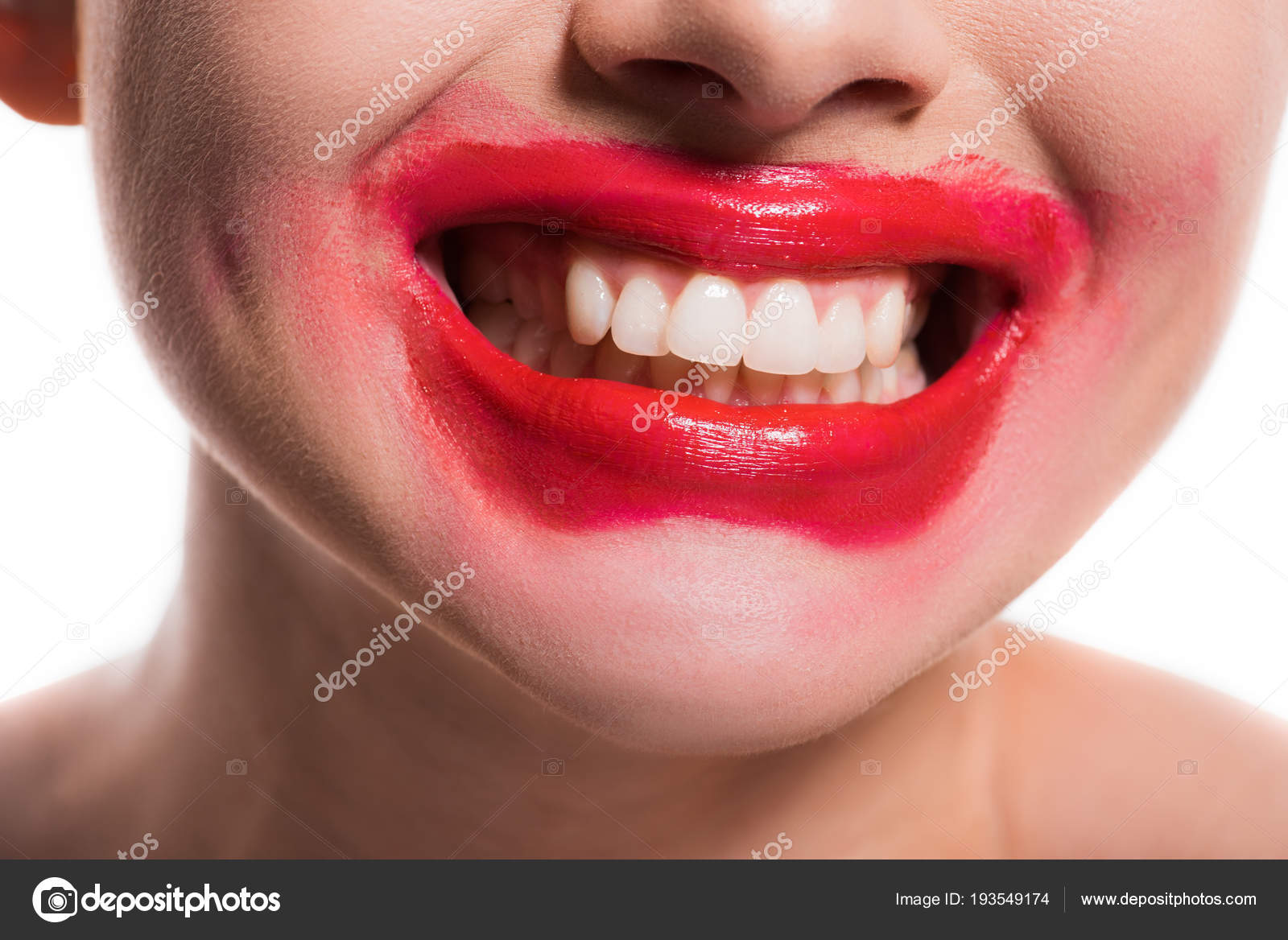 Cropped Image Woman Smeared Red Lipstick Face Showing Teeth Isolated ... Cropped Image Woman Smeared Red Lipstick Face Showing Teeth Isolated ...