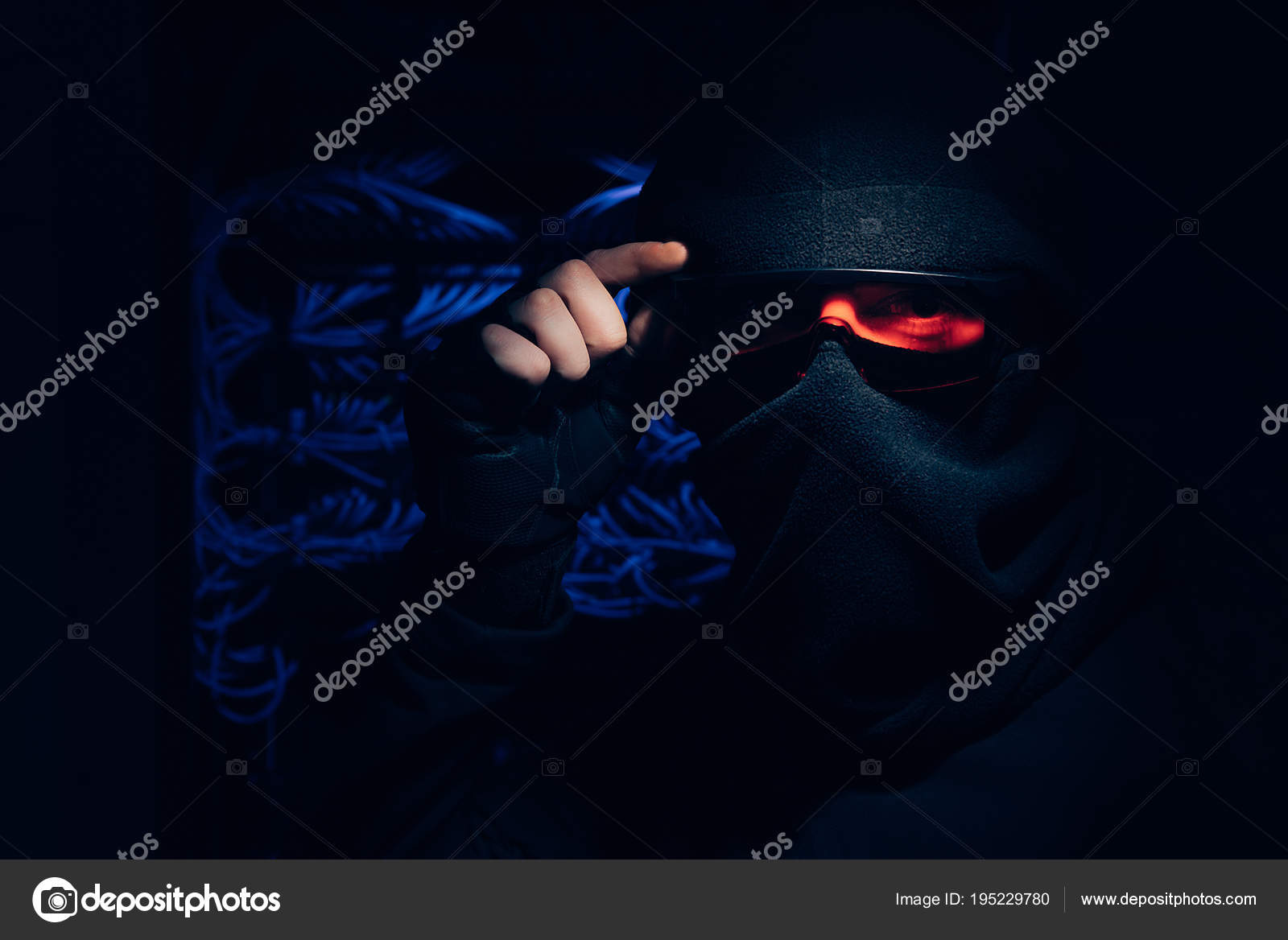 Obscured View Hacker Eyeglasses Mask Looking Camera Cables Background ...