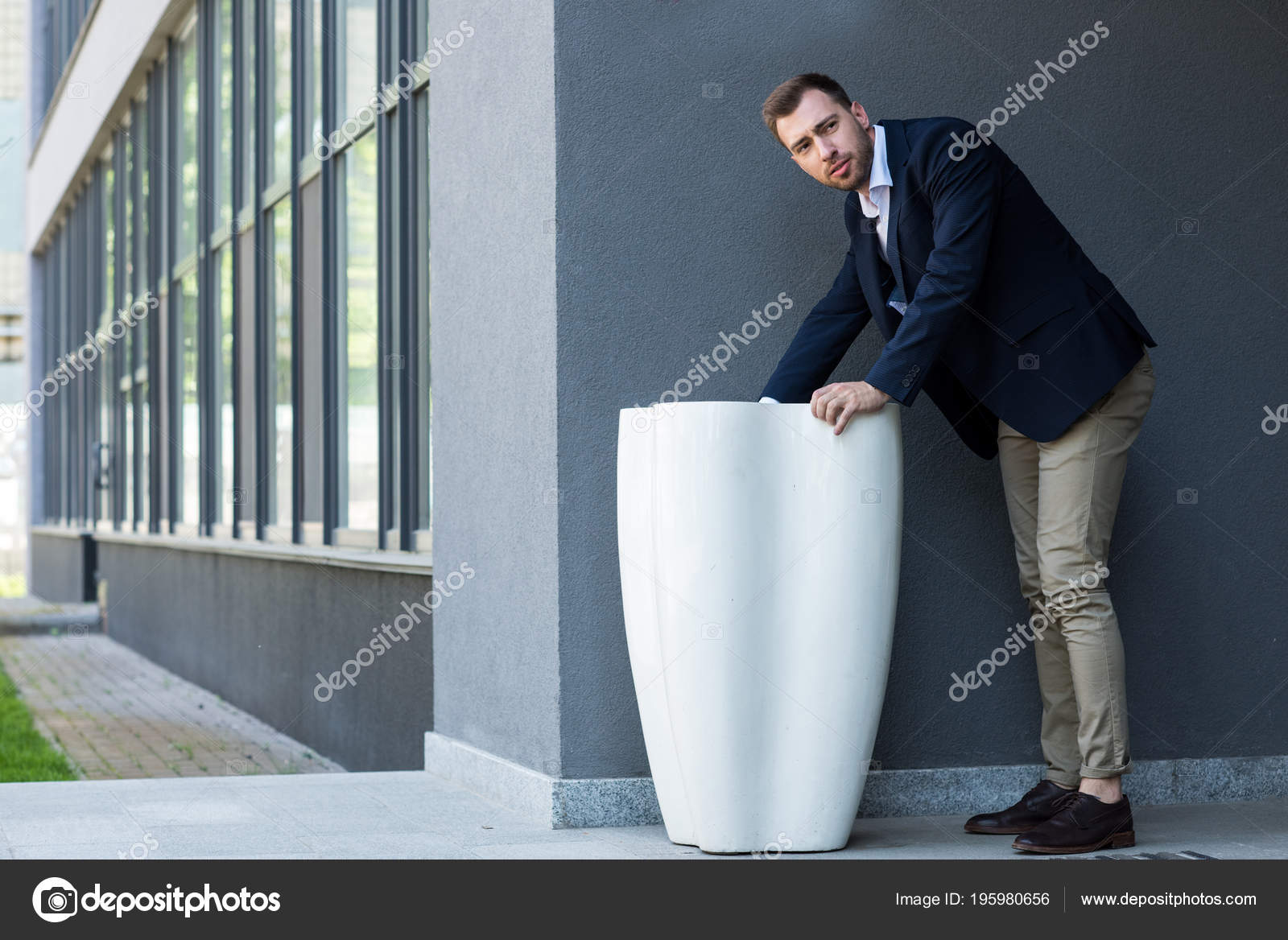 Businessman Formal Wear Standing Garbage Bin Office Building — Stock ...