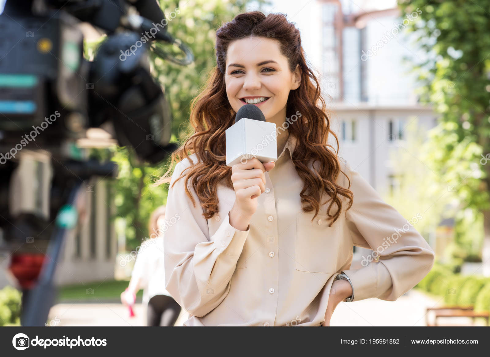 Attractive Smiling Female Journalist Microphone Talking Digital Video ...