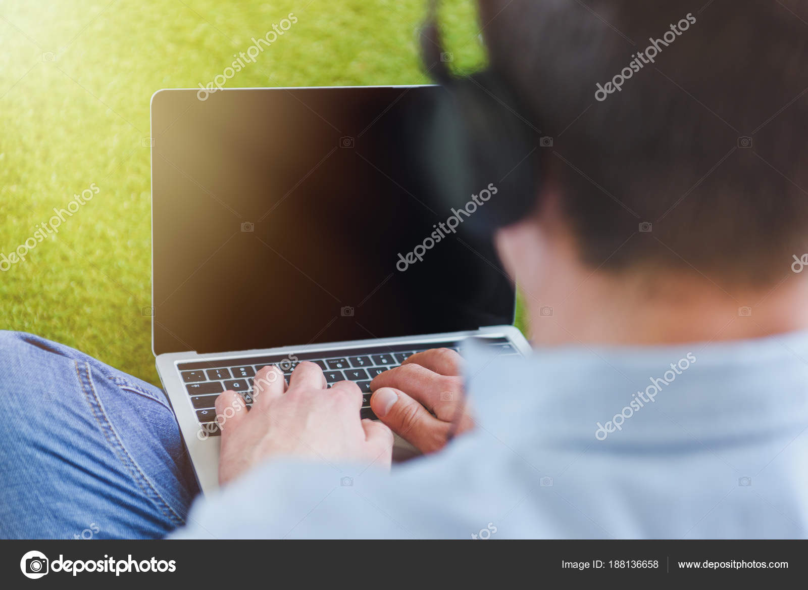 Close Shot Man Headphones Using Laptop Stock Photo by ©DimaKozitsyn ...