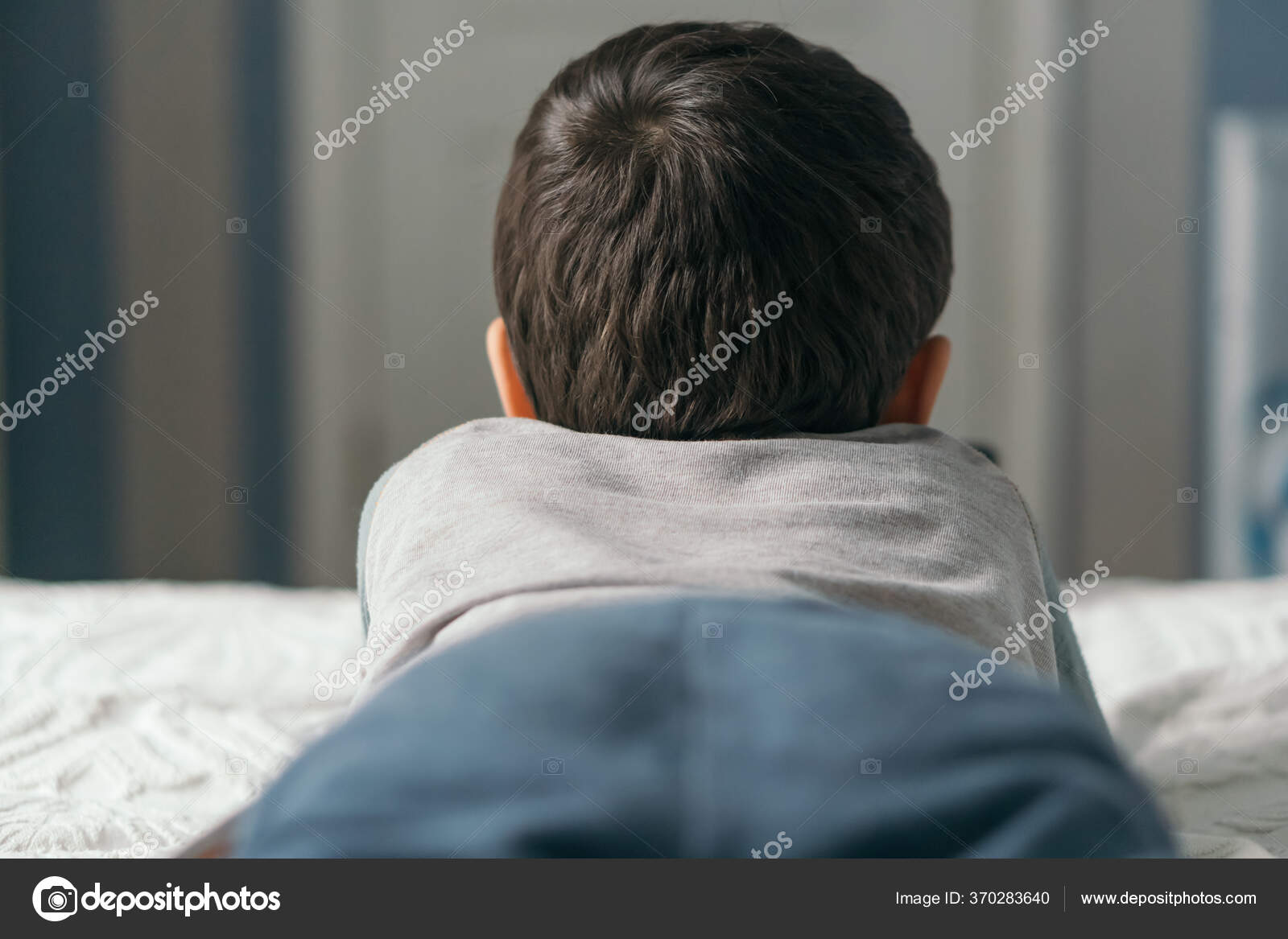 Back View Little Brunette Boy Lying Bed Home — Stock Photo ...