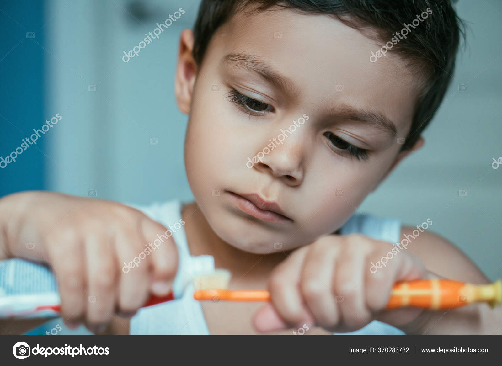 Selective Focus Adorable Boy Applying Toothpaste Toothbrush — Stock ...