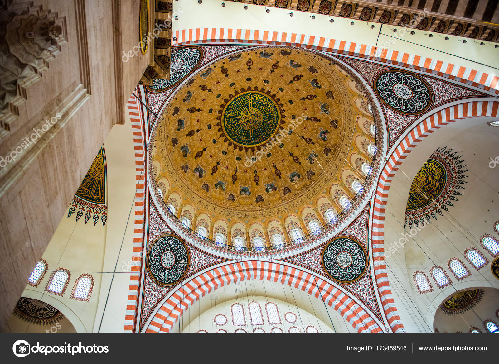 Interior view of domes and ceilings of Suleymaniye mosque, largest ...