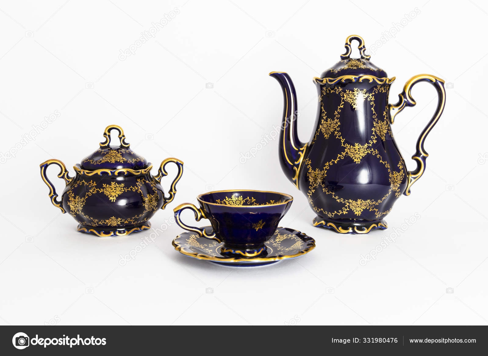 Beautiful cobalt blue colored vintage porcelain tea set with gol Stock ...
