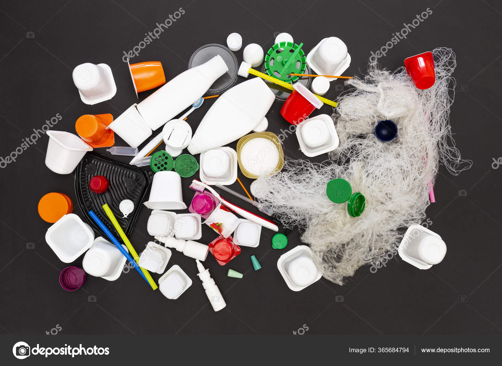 Assortment Obsolete Plastic Garbage Items Black Background — Stock ...