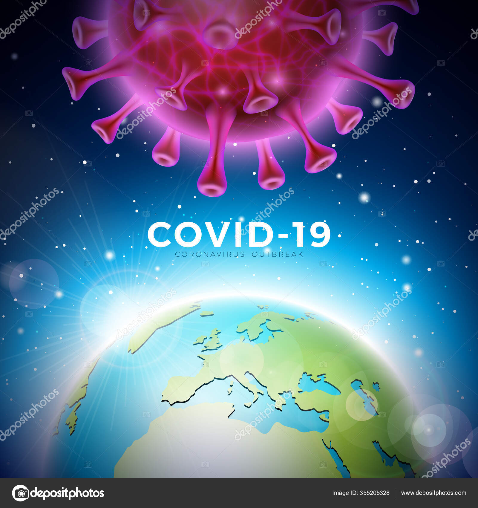 Covid-19. Coronavirus Outbreak Design with Virus Cell and Earth on Blue ...