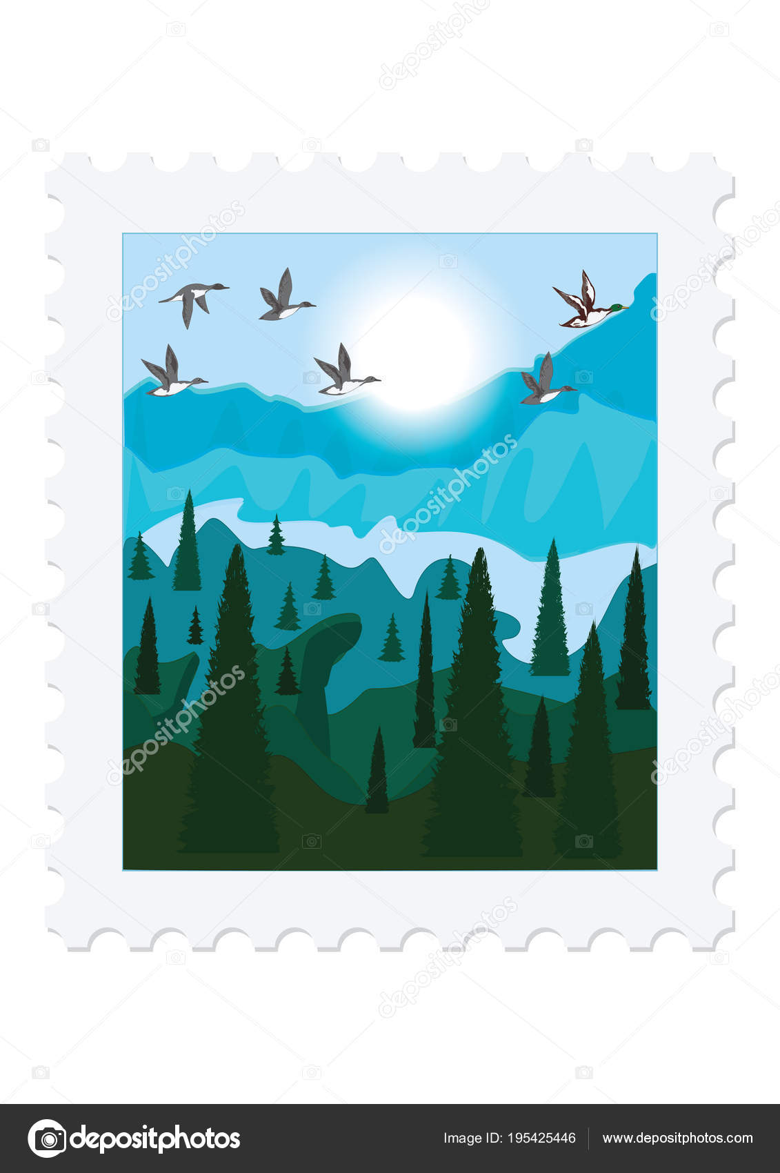 Postage stamp - Nature - Flock of wild ducks, mountains, river, forest ...