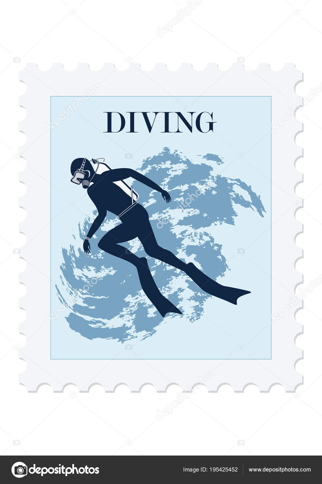 Postage stamp - Diver in mask and fins - isolated on white background ...