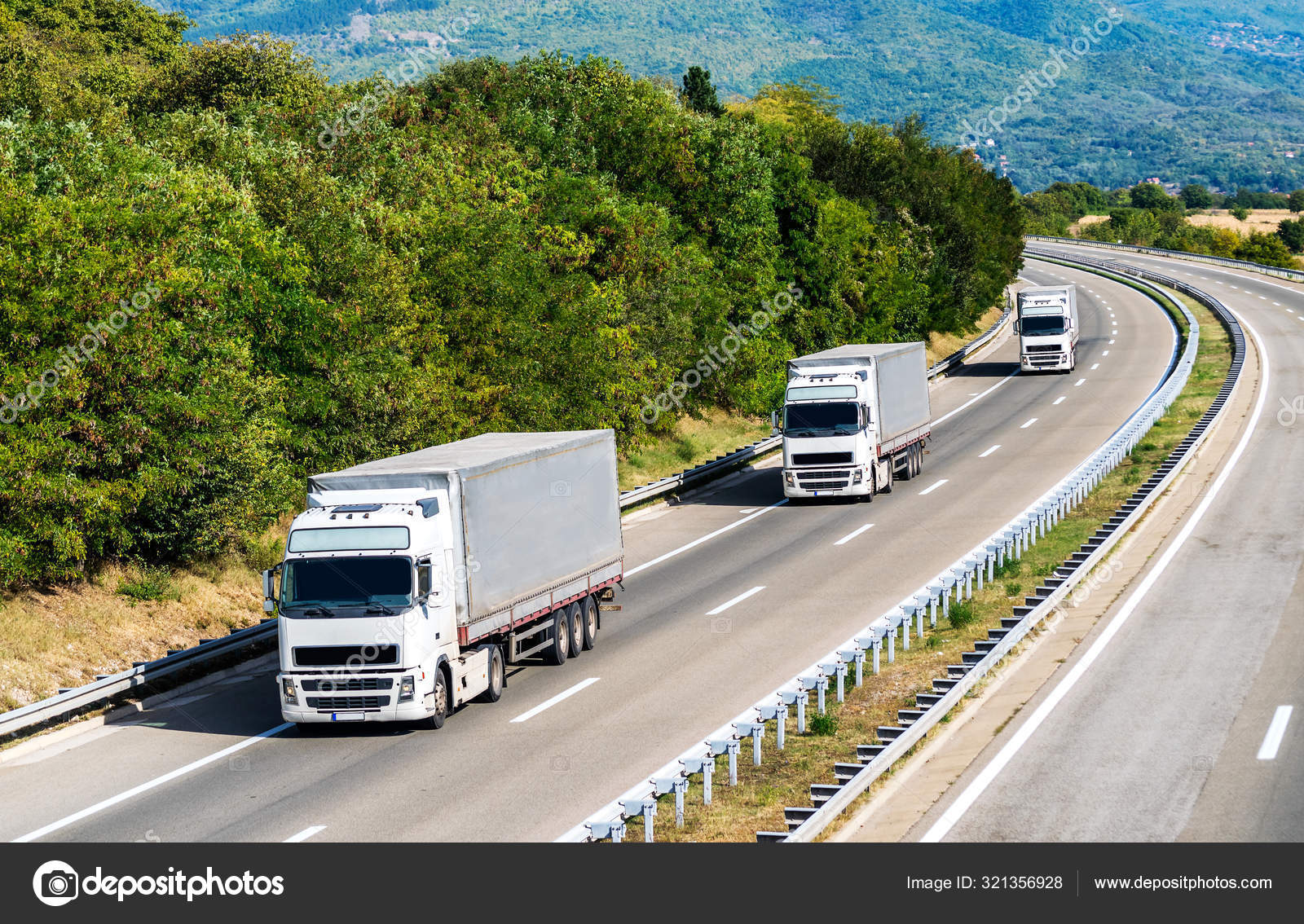 Three White Lorry Trucks Line Country Highway Beautiful Sky — Stock ...