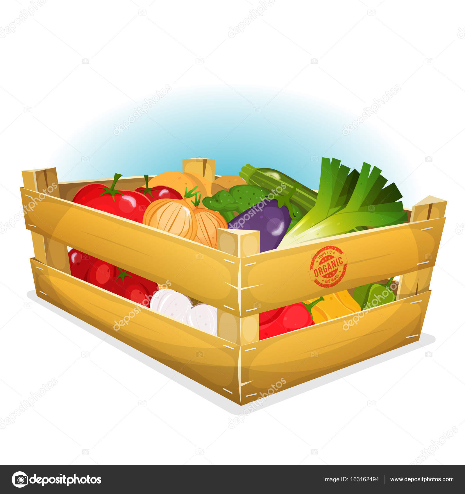 Cartoon Wooden Crate Set Summer Organic Vegetables Including Potatoes ...