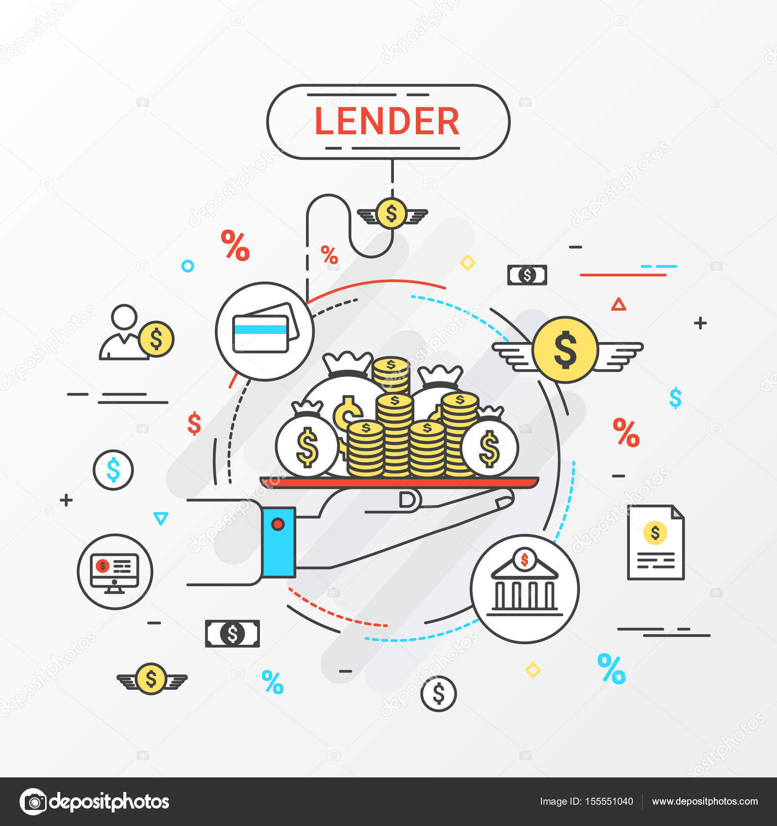 Lender infographics concept. Hand holding a money tray. Loan lending of ...
