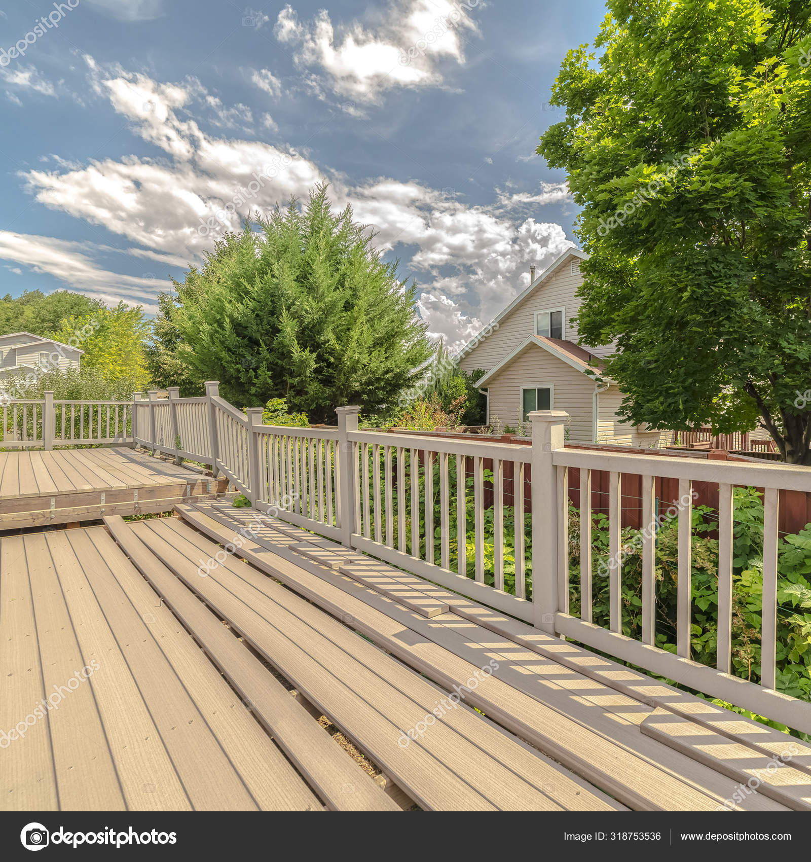 Square frame Outdoor deck construction on modern suburban house — Stock ...