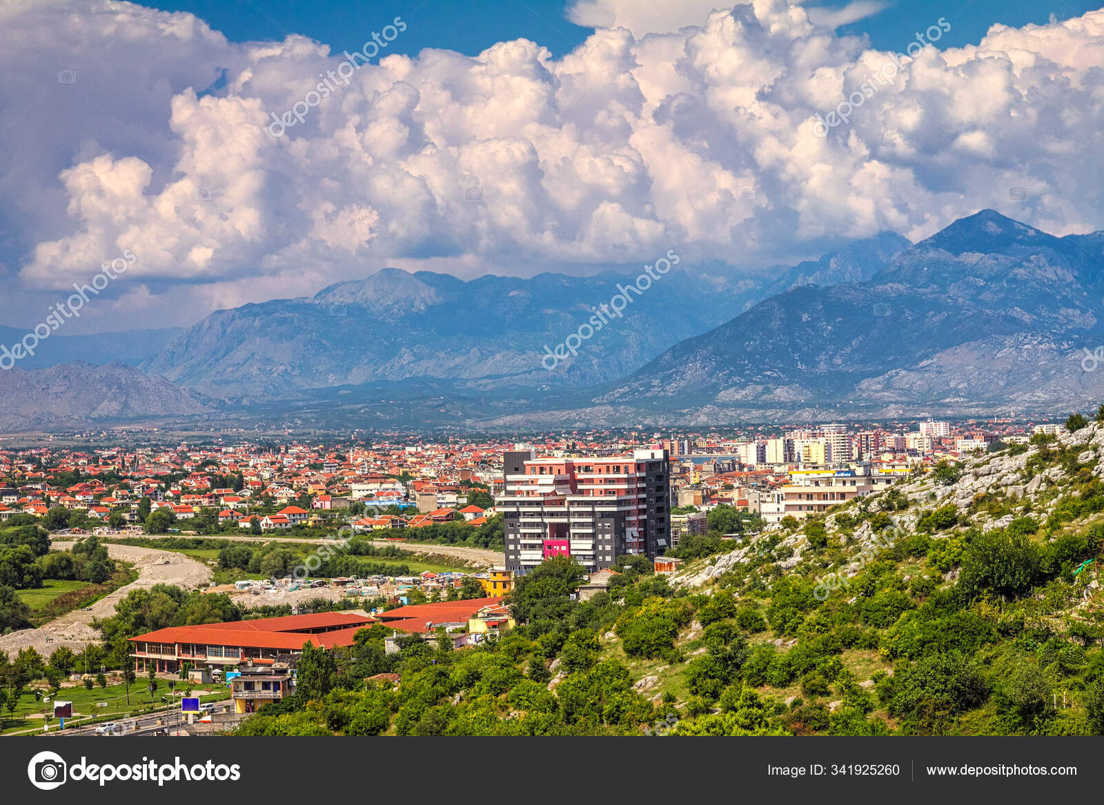 A view of Shkoder city under the mountains, Albania. Stock Photo by ...