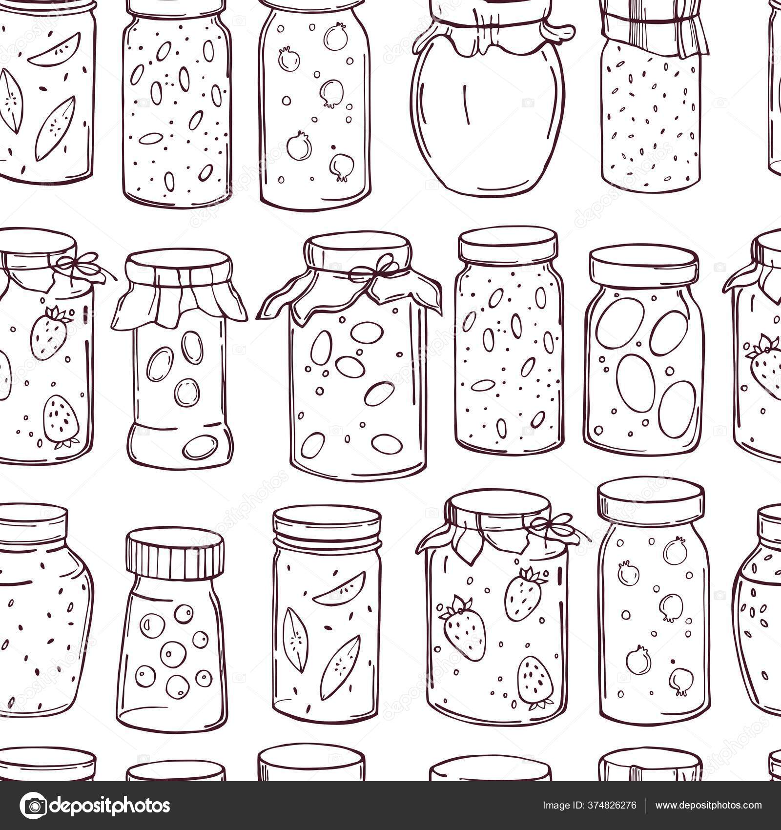 Hand Drawn Jam Jars White Background Vector Seamless Pattern Stock ...