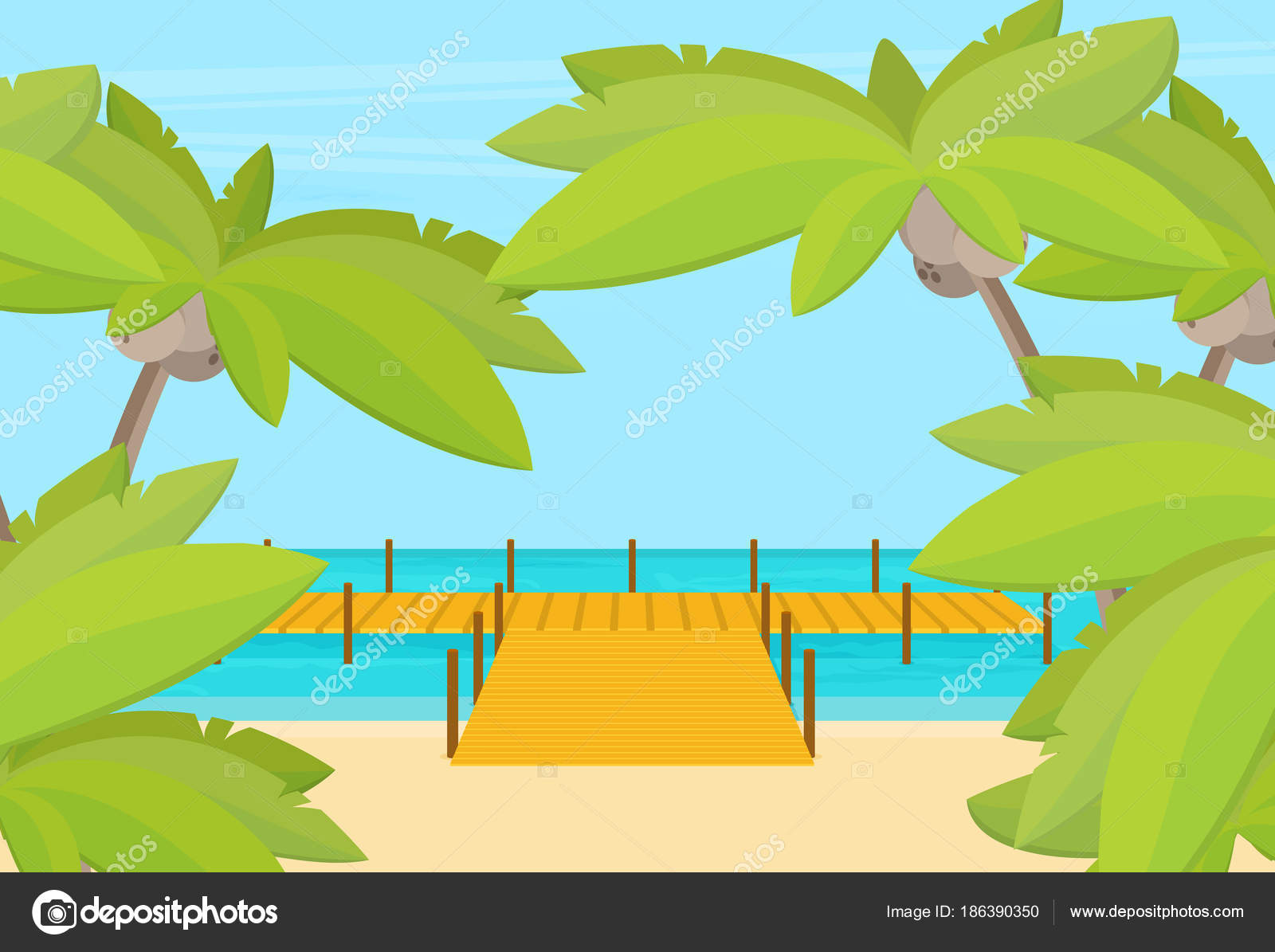 Paisaje Oceánico Tropical Con Ilustración Vectores Muelle Madera Vector ...
