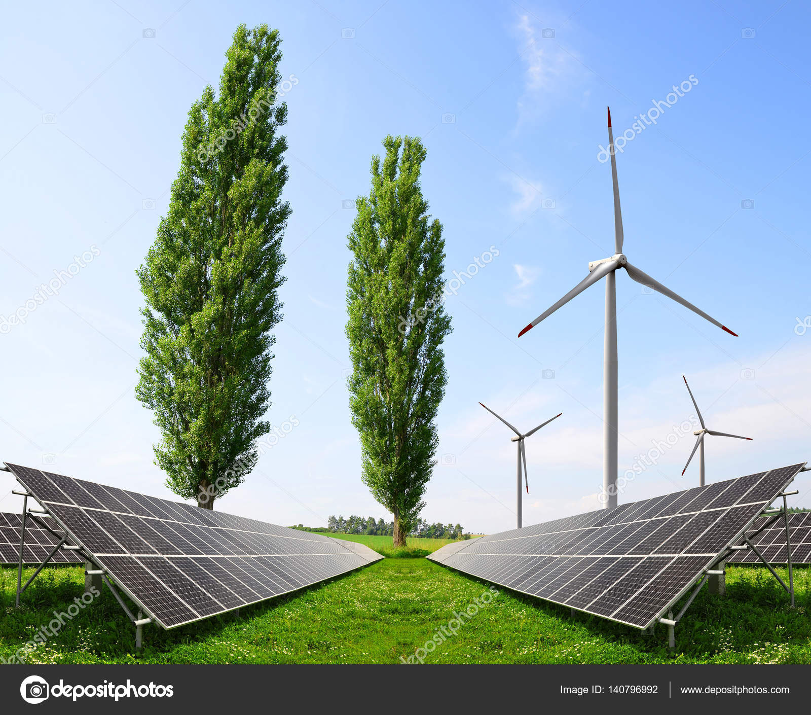 Solar panels with wind turbines on meadow. — Stock Photo © vencav ...