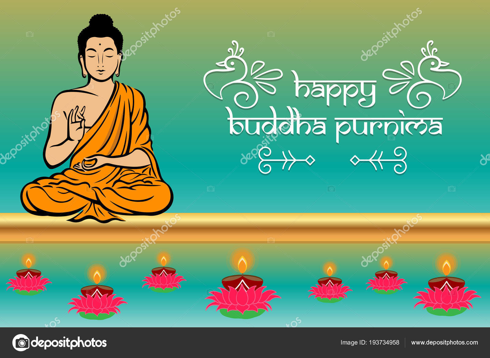 Happy Buddha Purnima Banner Sitting Buddha Lamps Lettering Green ...