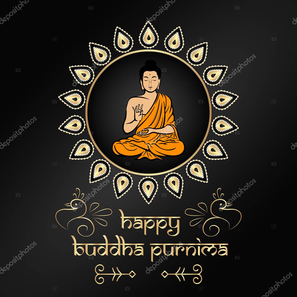 Buda feliz Purnima banner con Buda sentado en mandala con letras sobre ...