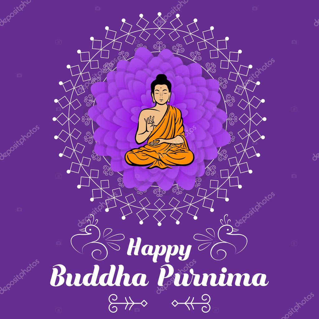 Buda Feliz Purnima Banner Con Buda Sentado Mandala Con Letras Vector de ...