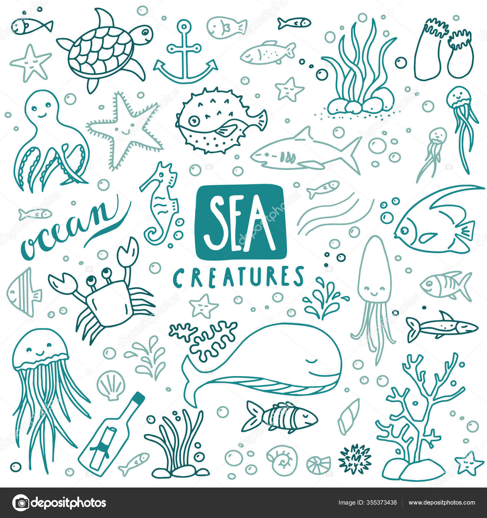 Collection Sea Doodles Sea Creatures Fish Octopuses Starfish Etc Can ...