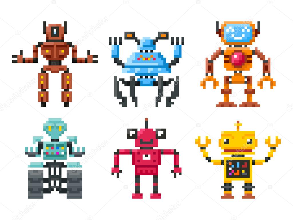 Pixel robots icons. 8 bit bots vector isolated set Stock Vector Image ...