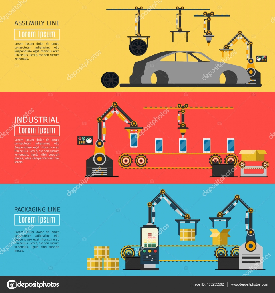 Vector conveyor horizontal banners. Industrial automation robotic hands for manufacture — Stock ...
