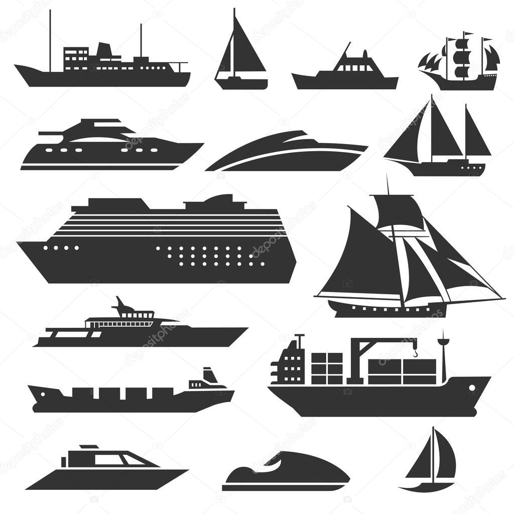 Ships and boats icons. Barge, cruise ship, shipping fishing boat vector ...