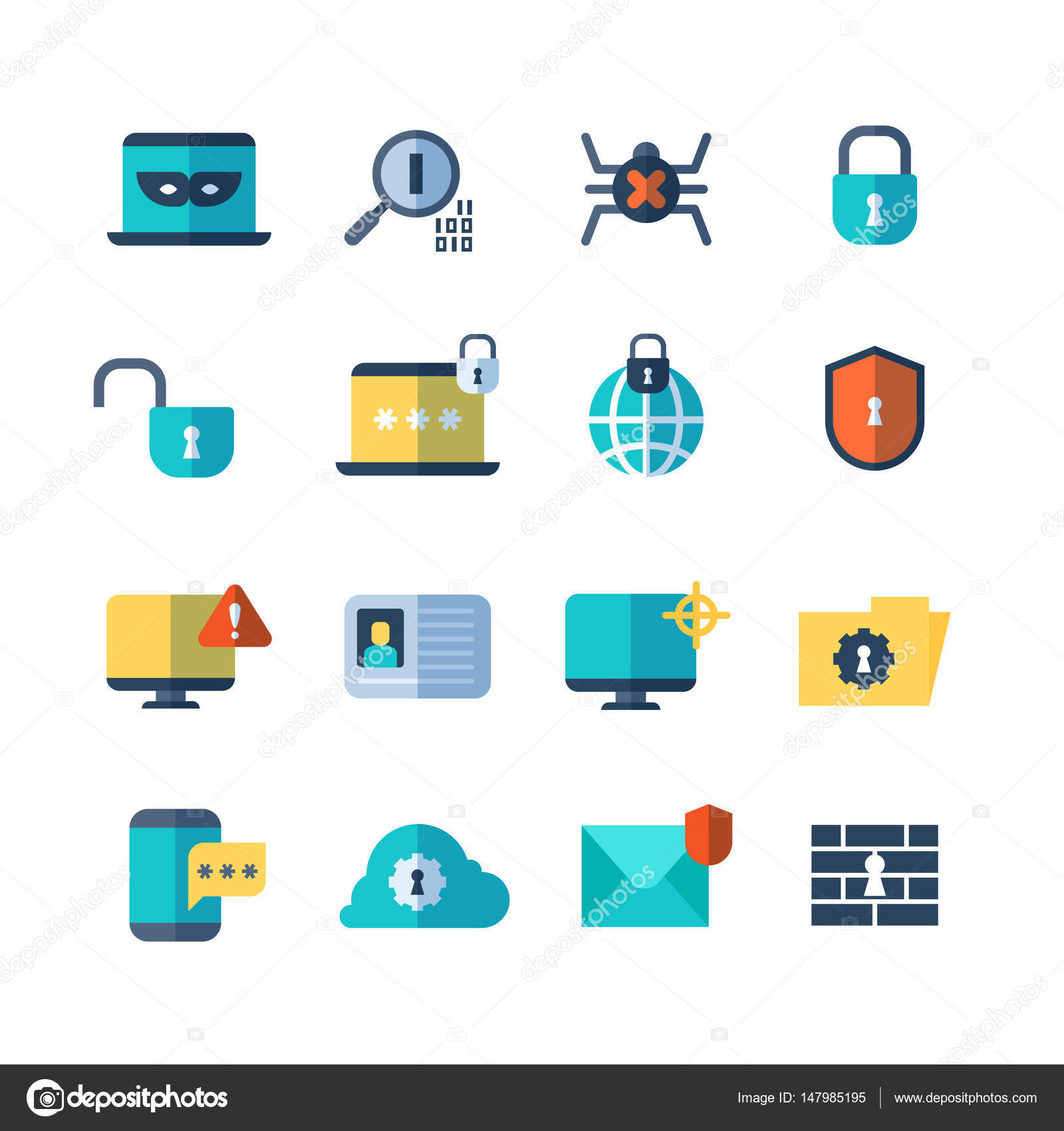 Web security, virus protection, bug checkups vector flat icons Stock ...