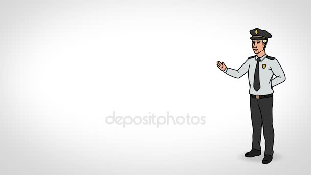 Animated Character Guard or Watchman stands in full growth and says ...