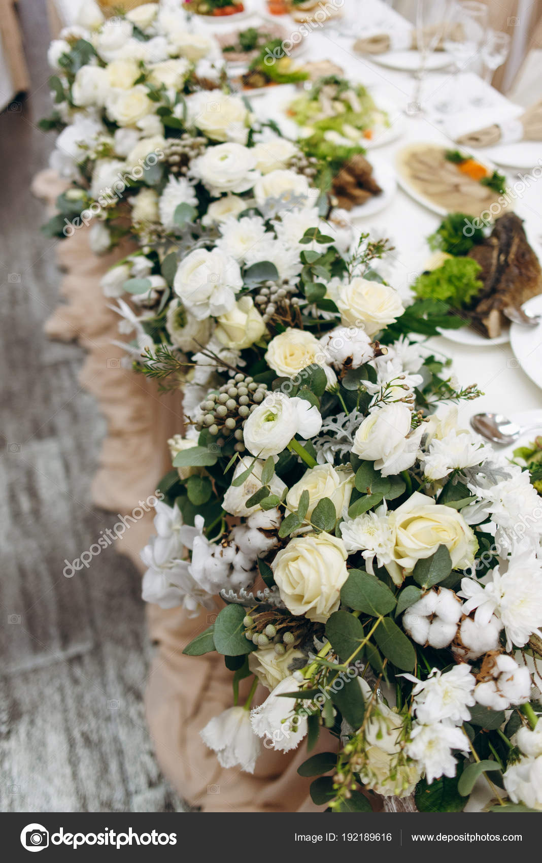 Top View Wedding Table Decorated Peach Cloth Festive Floral Composition ...