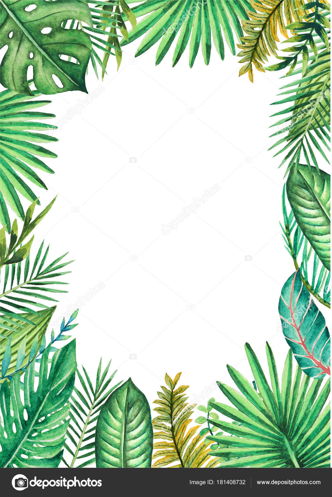Tropical Forest Leaves Branch Frame Arrangement Bouquets Watercolor ...