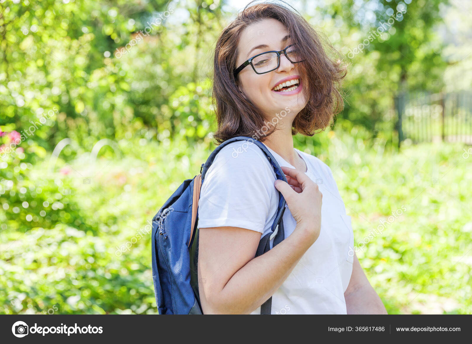 Happy Beautiful Positive Student Girl Eyeglasses Backpack Smiling Green ...