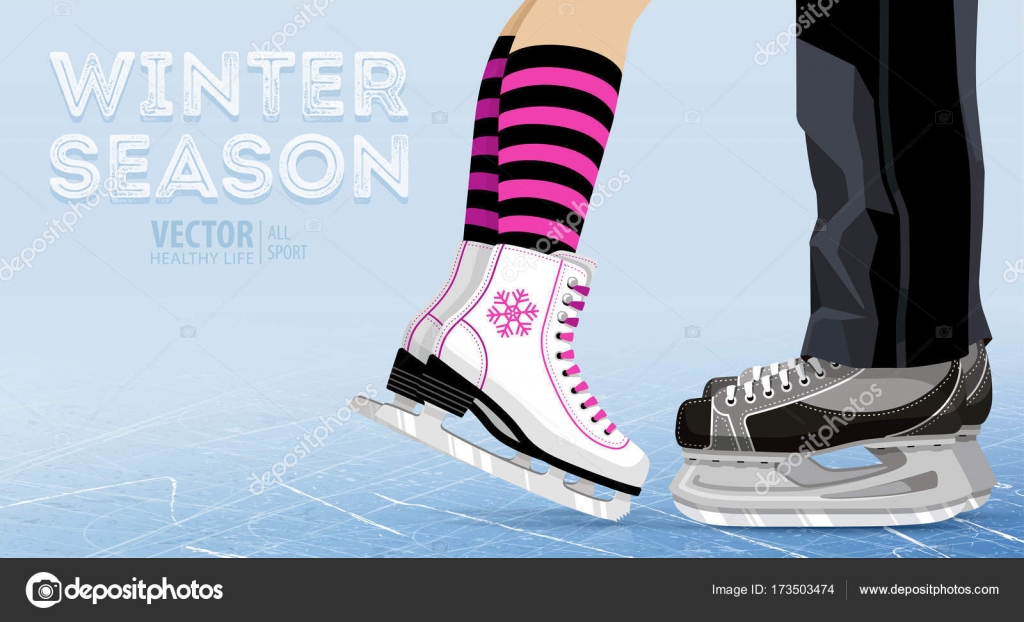 Vrouw en man schaatsen. Winter buiten op de ijsbaan. benen. IJshockey ...