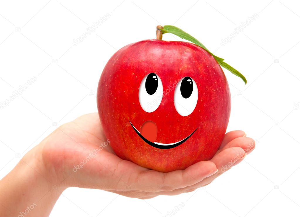 Mano sosteniendo manzana roja aislada en blanco. Personajes divertidos ...
