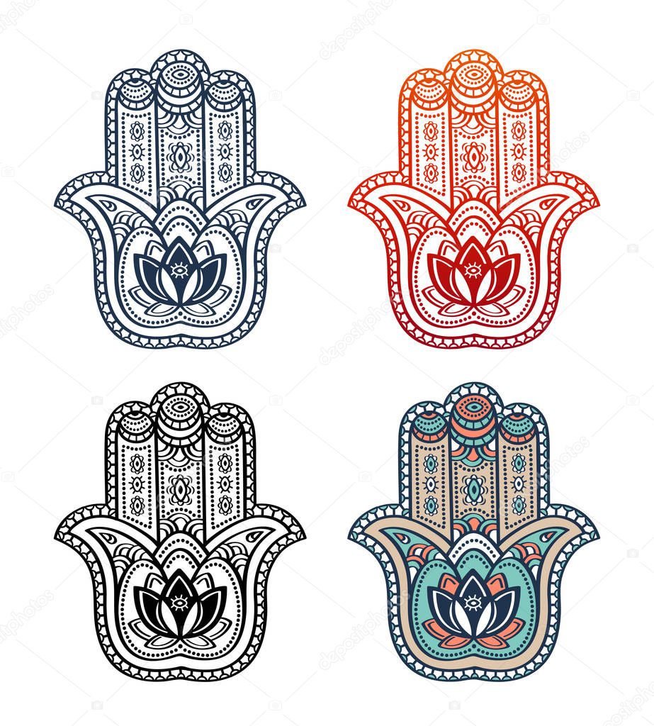 Mano de hamsa con adorno étnico y símbolo de estilo tribal con loto ...
