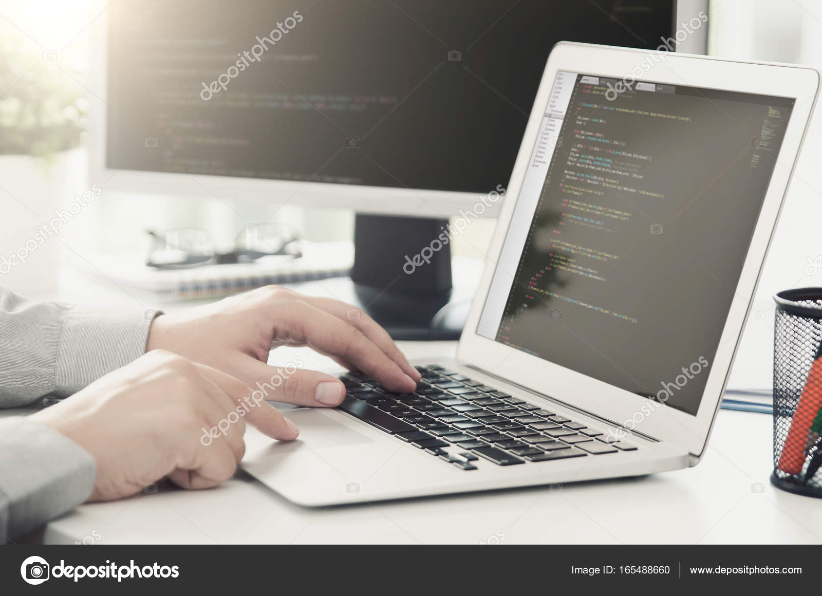 Programmer working busy software developing in company office — Stock ...