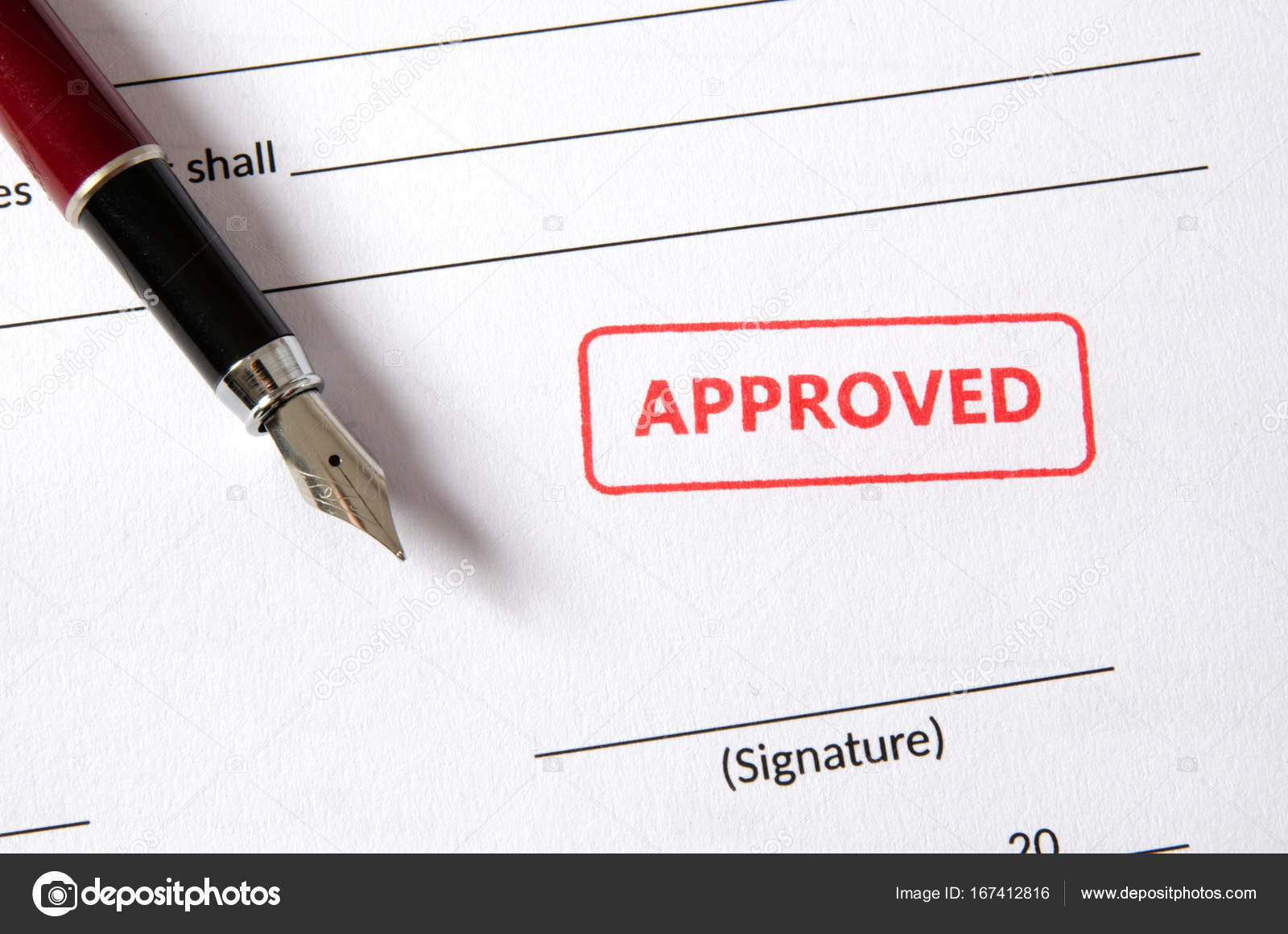 Approved stamp on document. Empty signature field, fountain pen — Stock ...