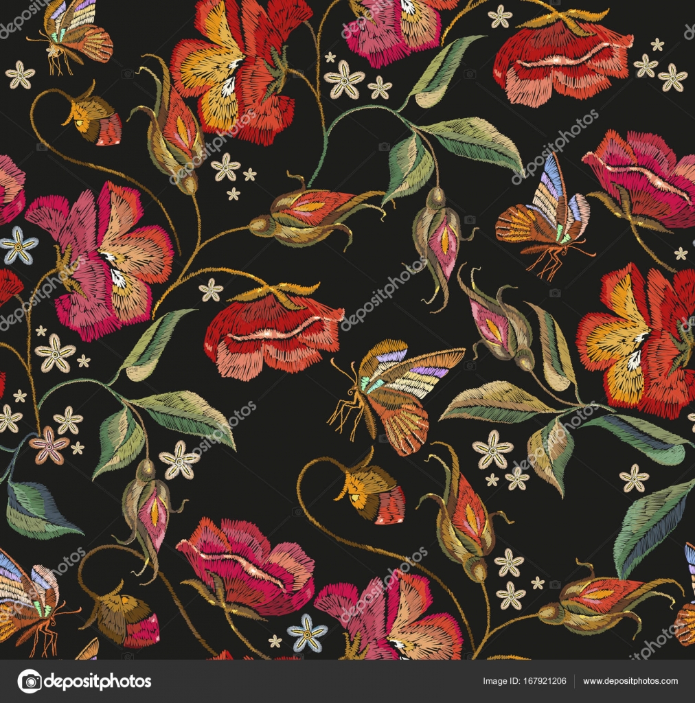 Embroidery butterfly and poppies seamless pattern Stock Vector Image by ...