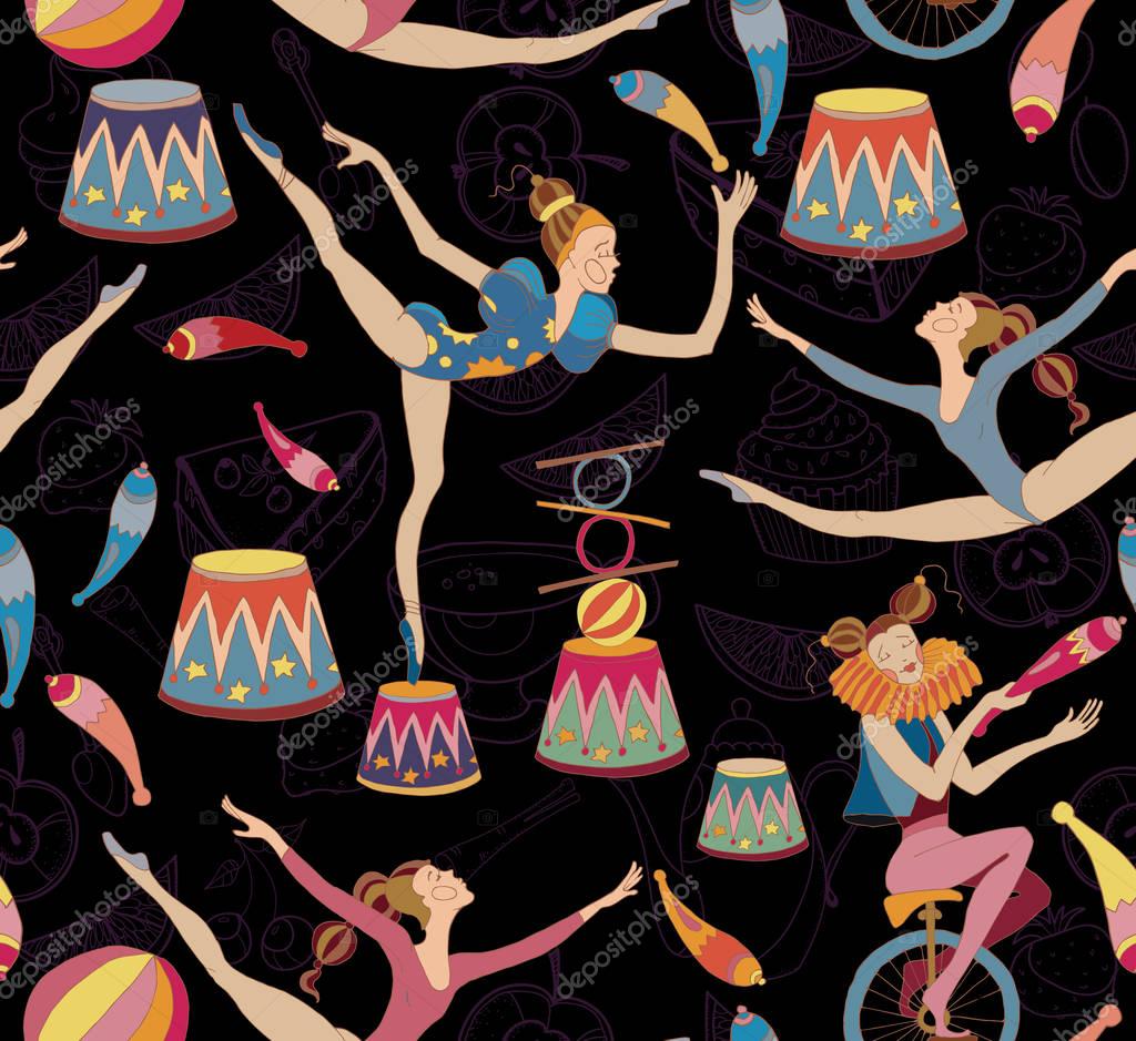 Old fashioned circus clowns | Circus vintage seamless pattern. Acrobat ... Old fashioned circus clowns | Circus vintage seamless pattern. Acrobat ...