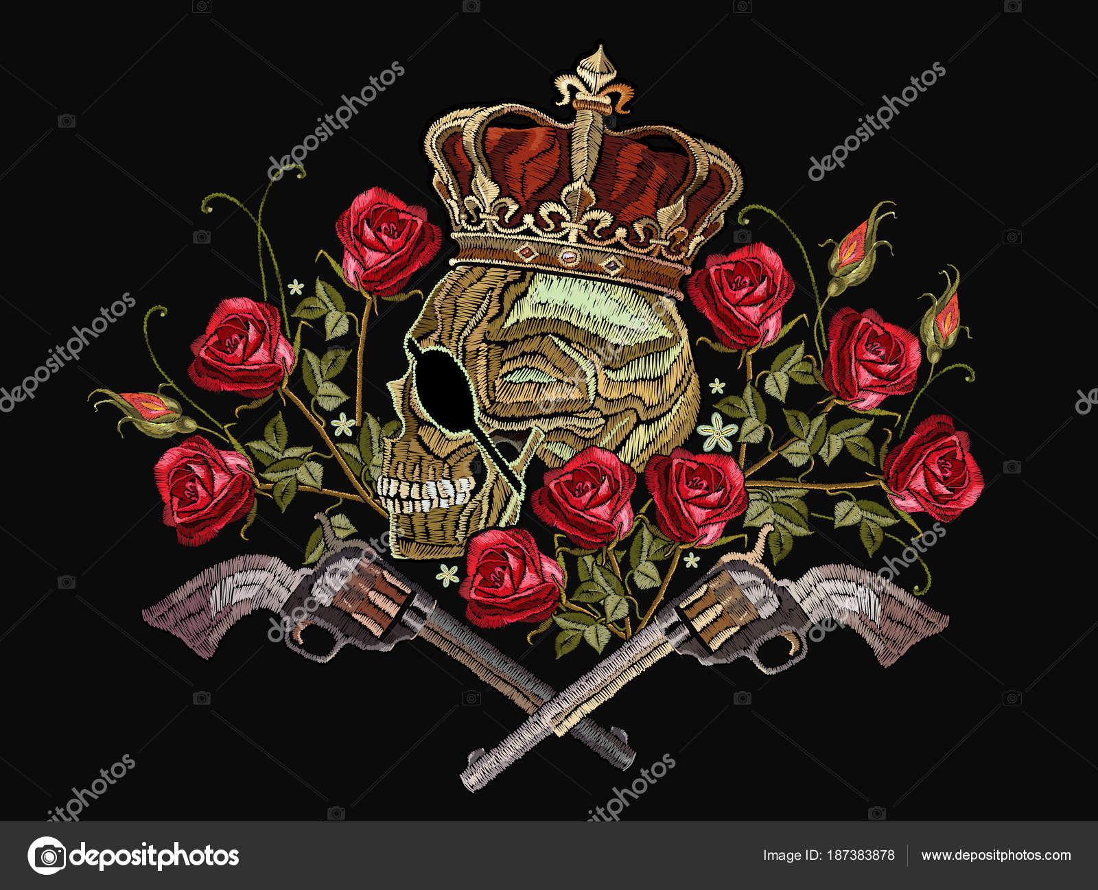Embroidery skull in crown, crossed guns and roses Stock Vector Image by ...