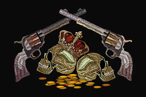 Embroidery skull in crown, crossed guns and golden coins - Stock Image ...