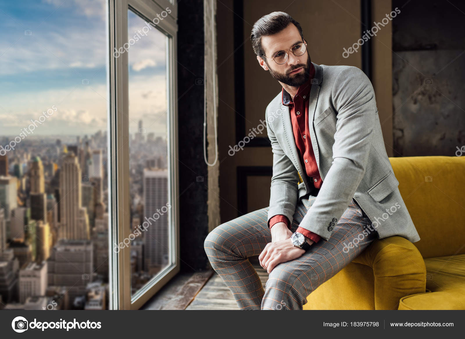Stylish Man Suit Posing Window City View — Stock Photo © SarkisSeysian ...