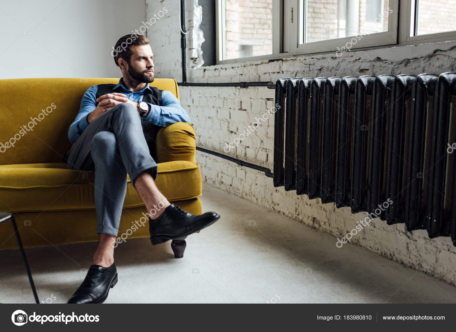 Elegant Man Sitting Yellow Sofa Looking Window Stock Photo by ...